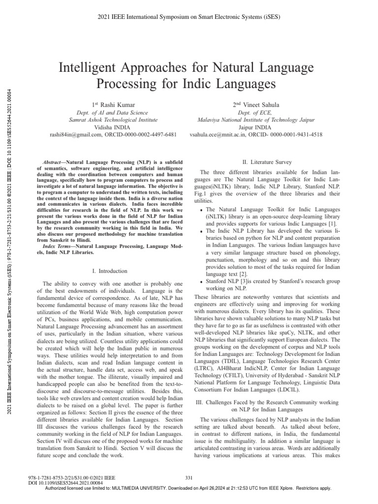 Intelligent Approaches For Natural Language Processing For Indic