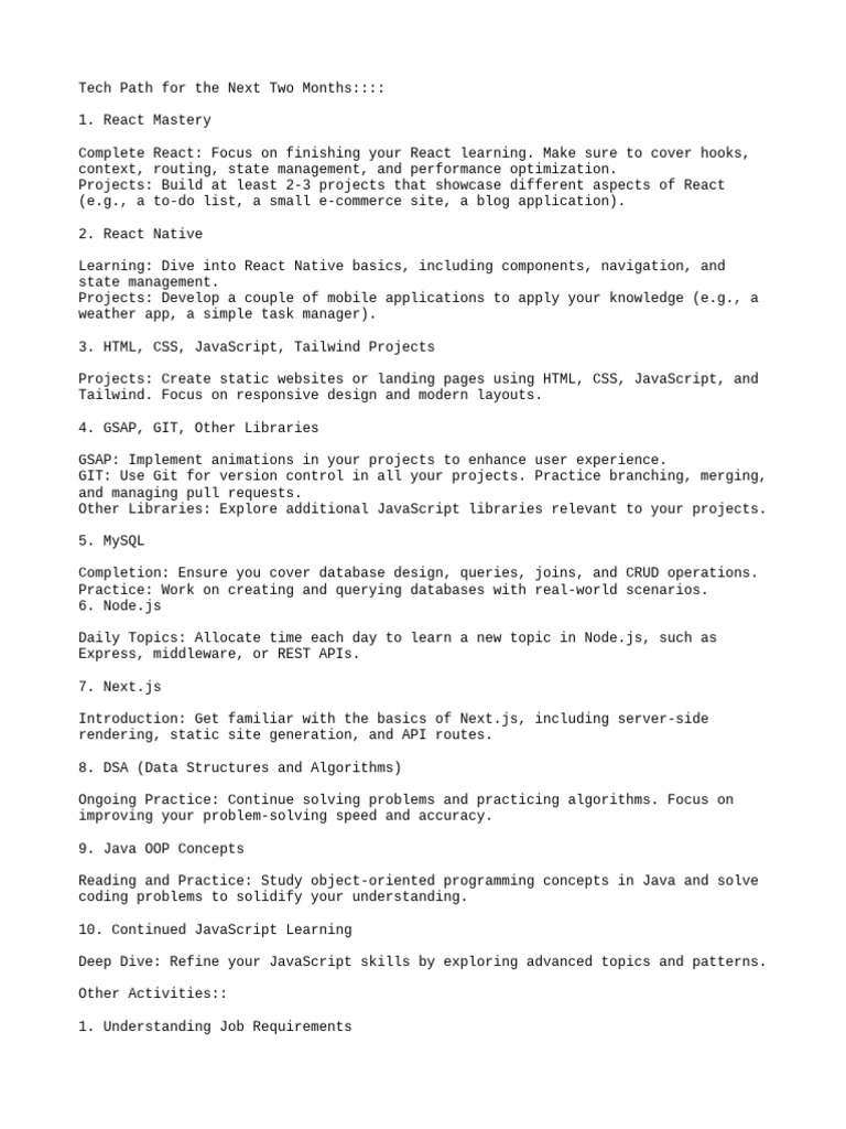 Tech Learning Plan: React to Node.js | PDF | Java Script | Computing