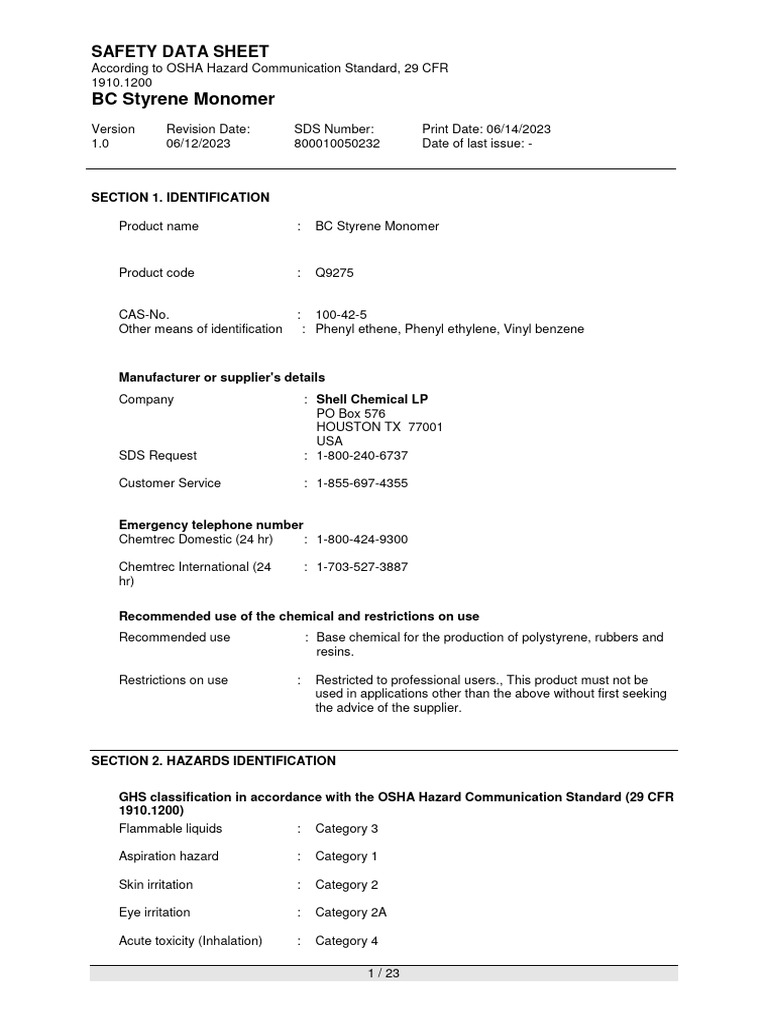 MSDS-BC Styrene Monomer（苯乙烯单体） | PDF | Personal Protective Equipment ...