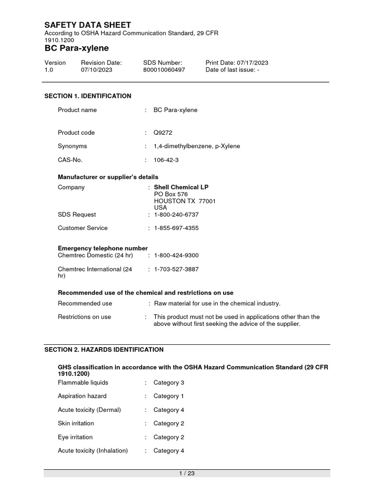 BC Para-xylene Safety Data Sheet | PDF | Personal Protective Equipment ...
