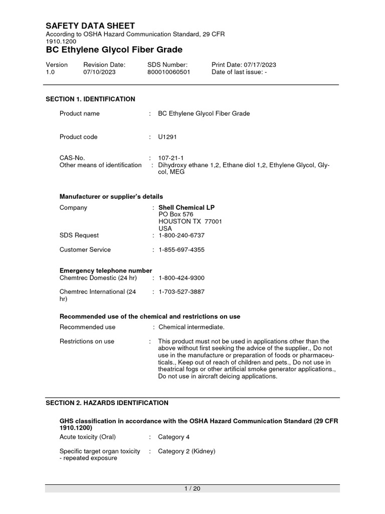 MSDS-BC Ethylene Glycol Fiber Grade（BC 乙二醇纤维等级） | PDF | Personal ...