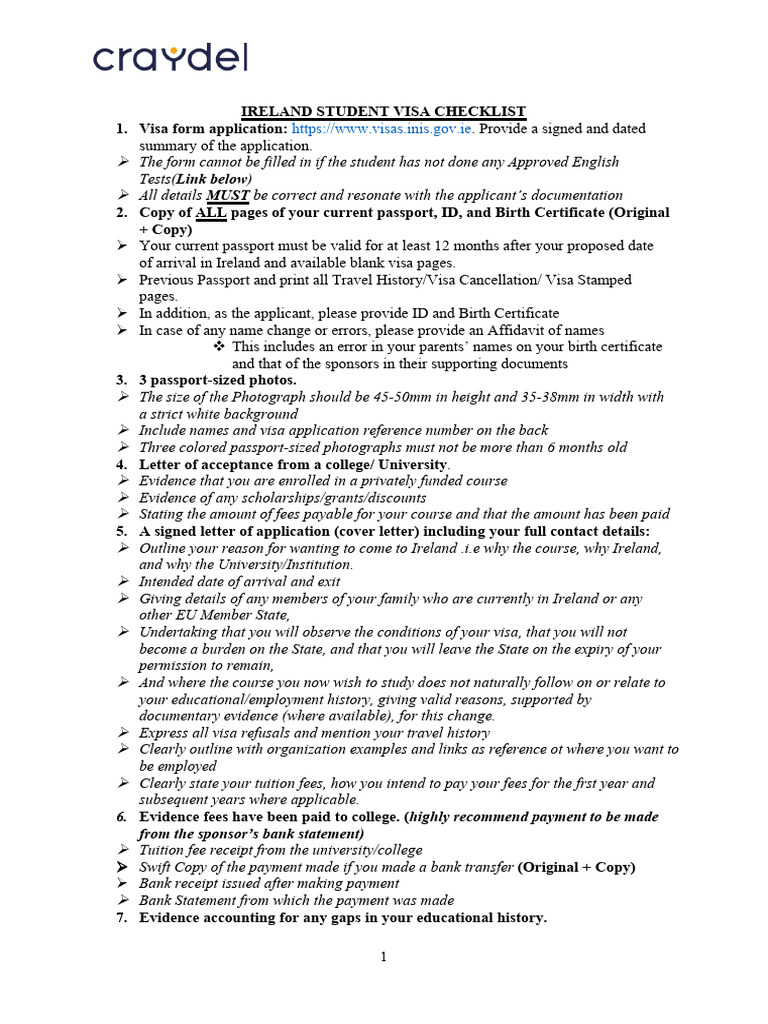 Ireland Student Visa Checklist - Updated | PDF | Travel Visa | Birth ...