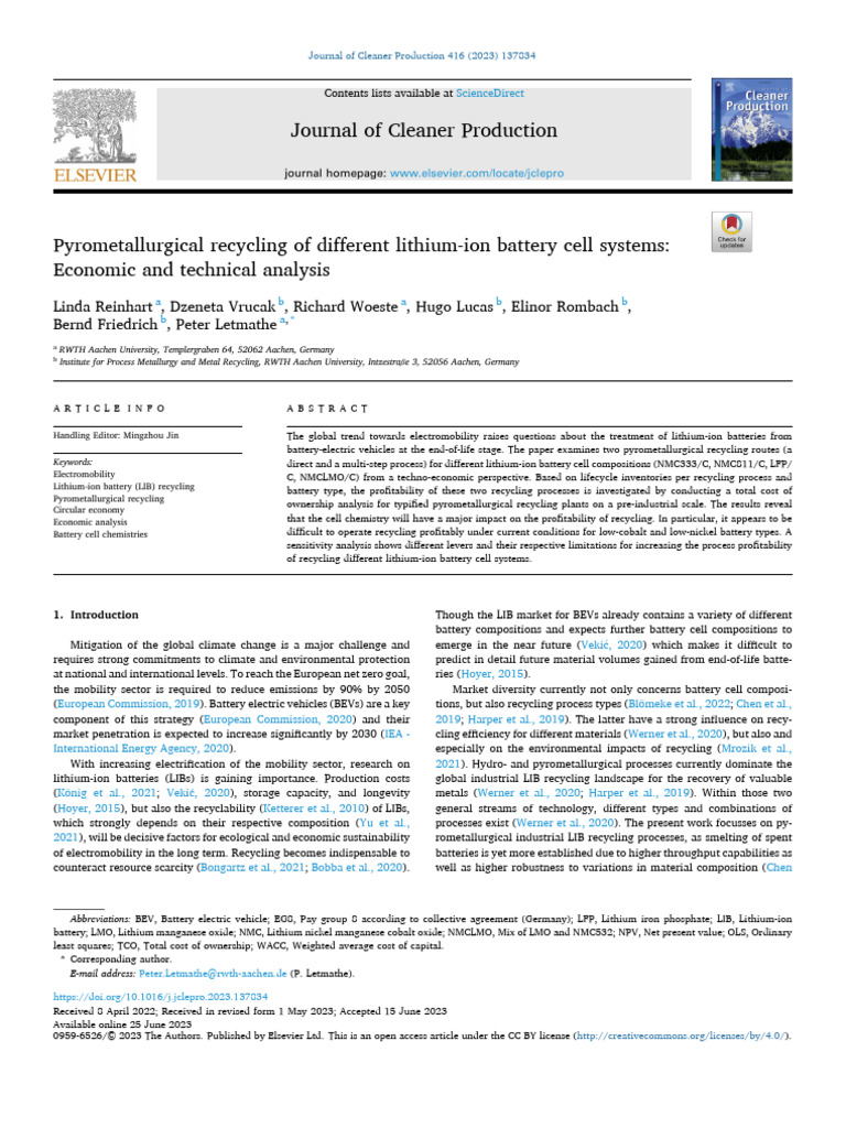 Pyrometallurgical Recycling of Different Lithium-Ion Battery Cell ...