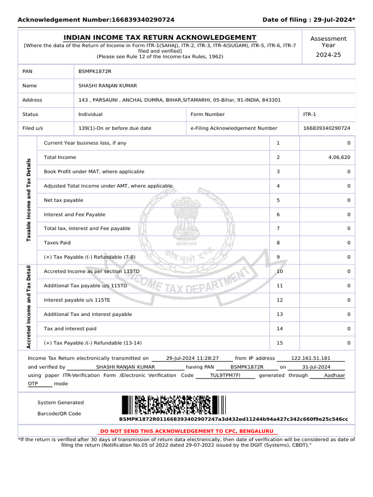 Income Tax Return Acknowledgement 2024 | PDF | Taxes | Public Finance