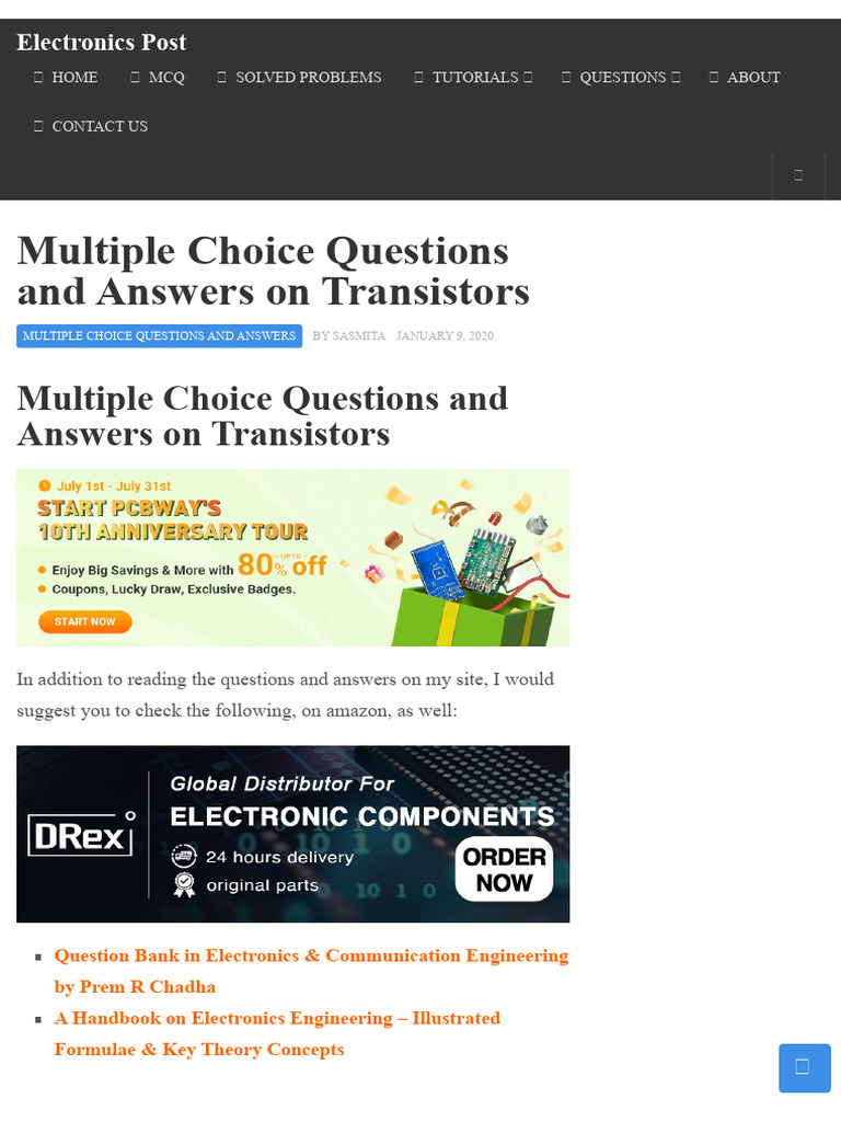 Multiple Choice Questions and Answers on Transistors - Electronics Post | PDF | Bipolar Junction ...