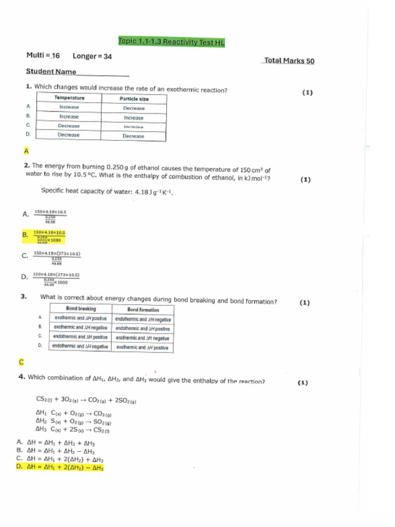 Reactivity 1.1-1.3 HL (Ans) | PDF