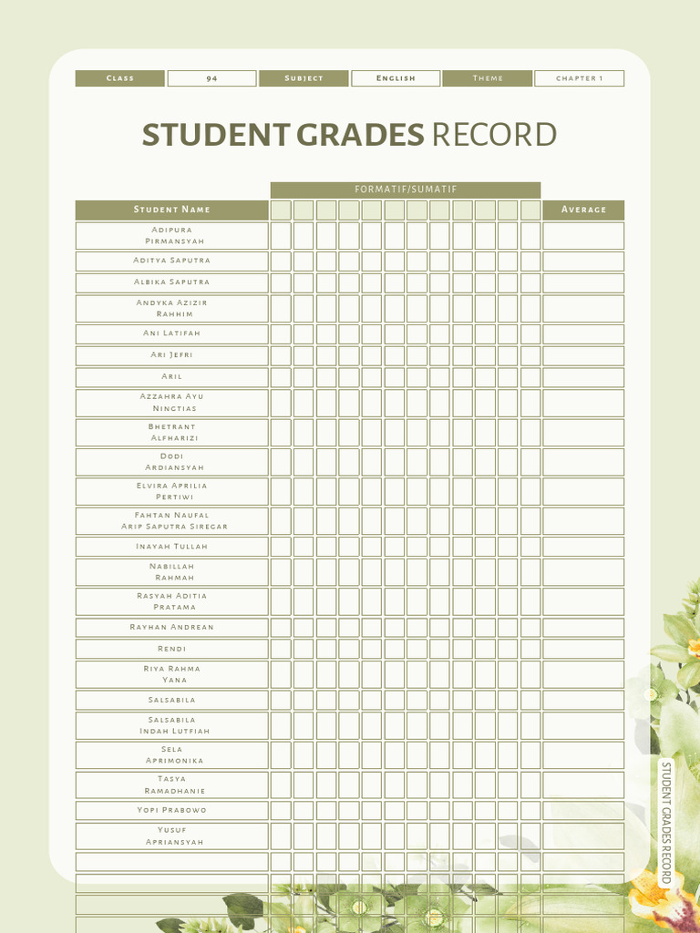 Assessment and Grades Record Checklist in Green and Yellow Watercolor ...