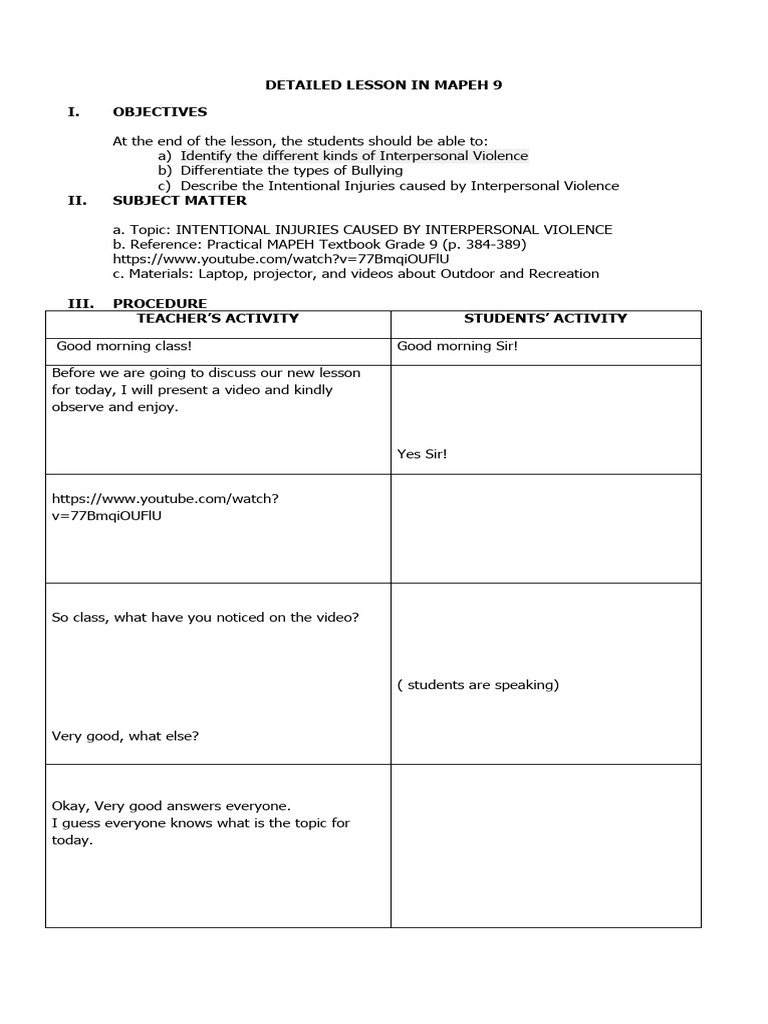 GOLEZ LESSON 2 Lesson PLAN | PDF | Bullying | Domestic Violence