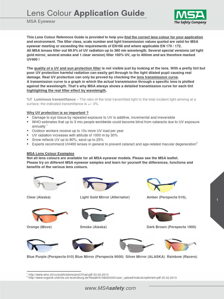 MSA Lens Colour Reference Guide | PDF | Ultraviolet | Optical Filter