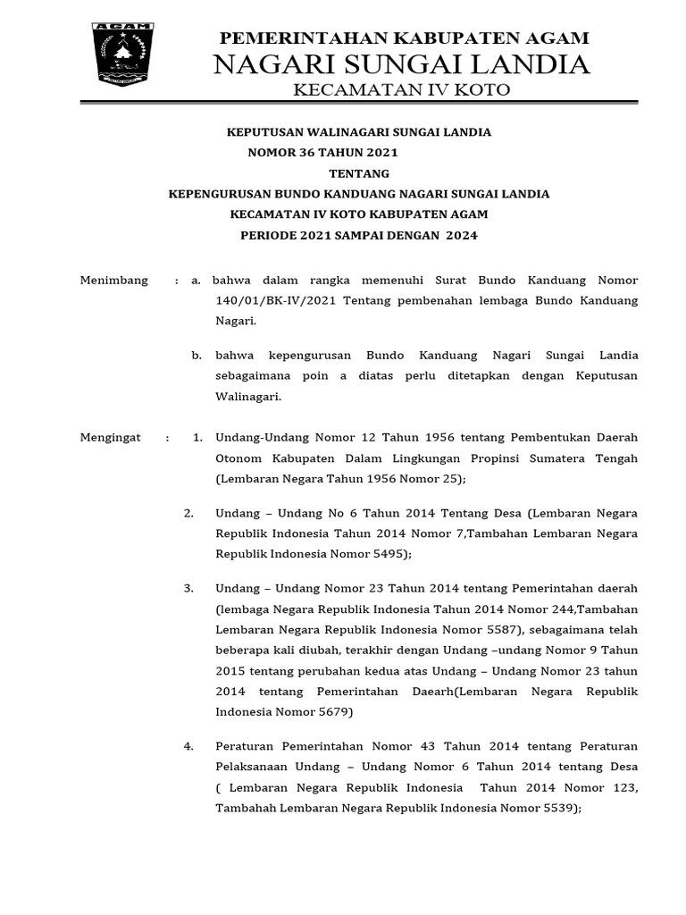 Keputusan Pengurus Bundo Kanduang 2021-2025 | PDF