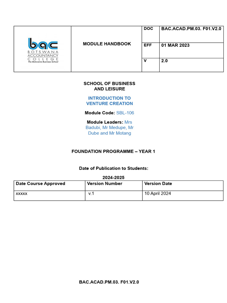 Introduction To Venture Creation - Module Handbook | PDF ...
