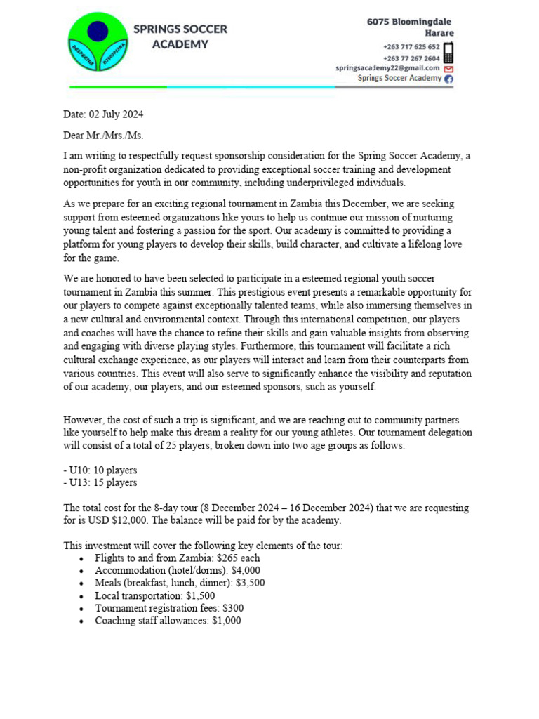 Sponsorship Request for Soccer Academy Tour | PDF | Human Communication