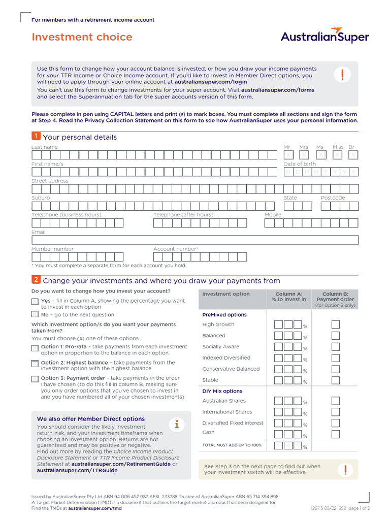 AustralianSuper Investment Choice Form | PDF | Investing | Money
