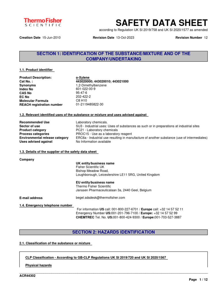 o-Xylene Safety Data Sheet | PDF | Toxicity | Personal Protective Equipment