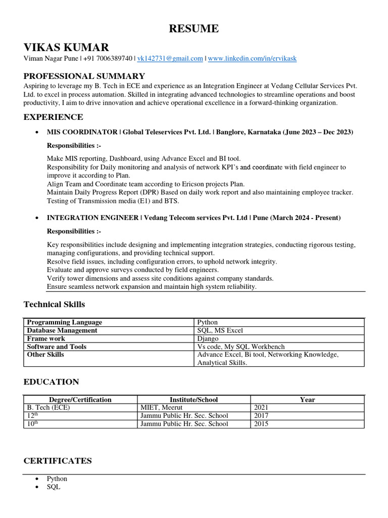 Vikas Resume (B.Tech) | PDF | Computing | Information Technology