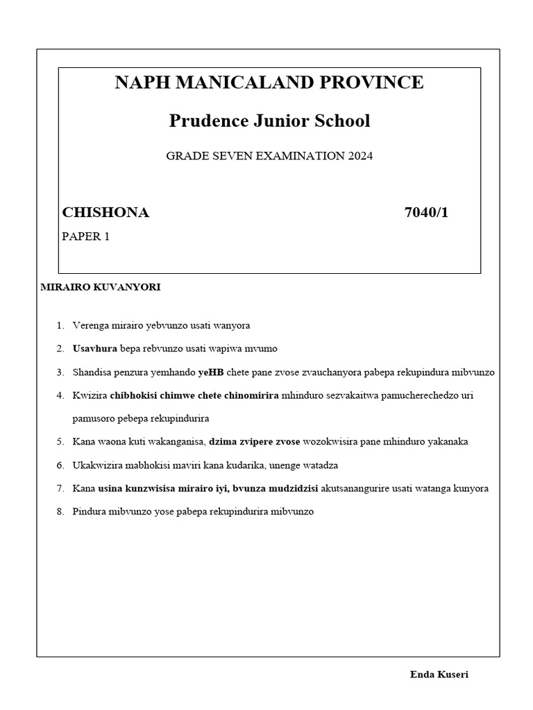Pjs Shona Paper 1 | PDF | Bantu
