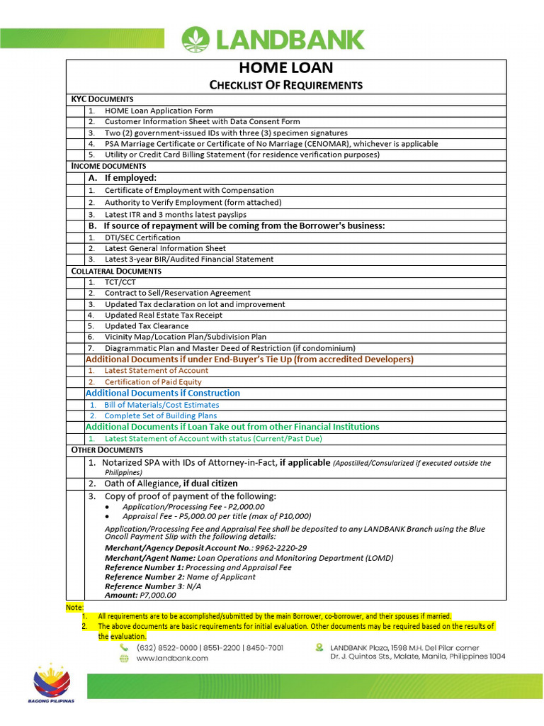 Home Loan Requirements Checklist | PDF | Loans | Mortgages