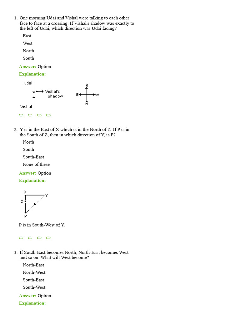 Direction Sense Test - Verbal Reasoning Questions and Answers | PDF