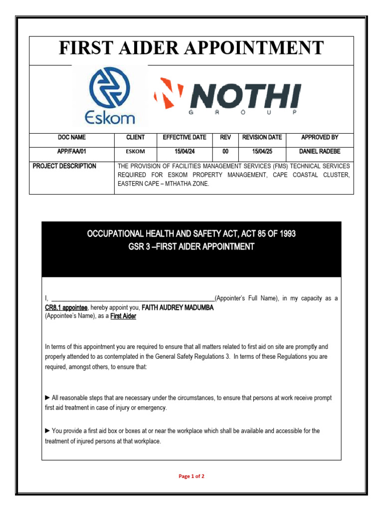 First Aider Appointment | PDF | First Aid | Occupational Safety And Health