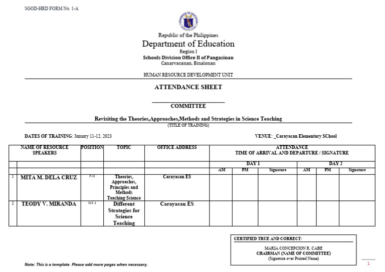 2 - 2020 Deped Pang 2 Hrd-Form No 1-c Training Attendance Form For ...