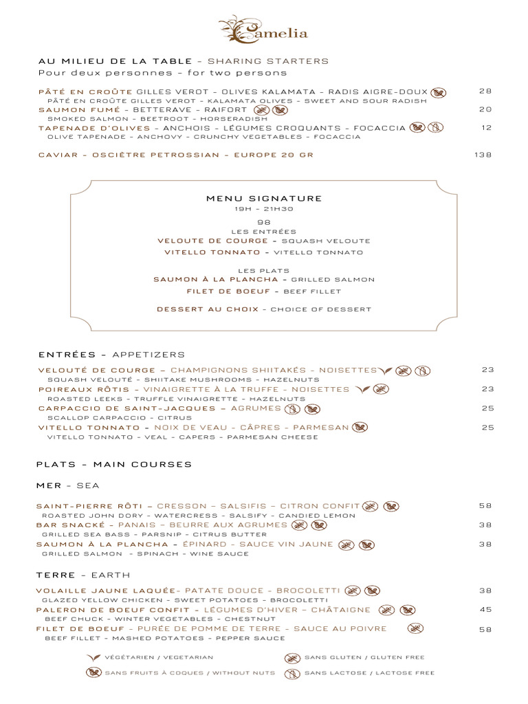 Menu du Restaurant Camélia à Paris | PDF | Nourritures | Cuisine