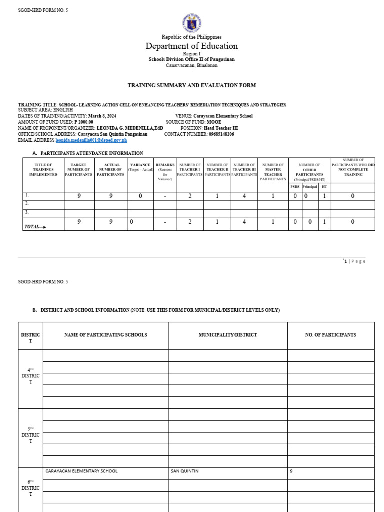 3 - 2020 HRD Form No-5 Training Summary and Evaluation Form | PDF ...