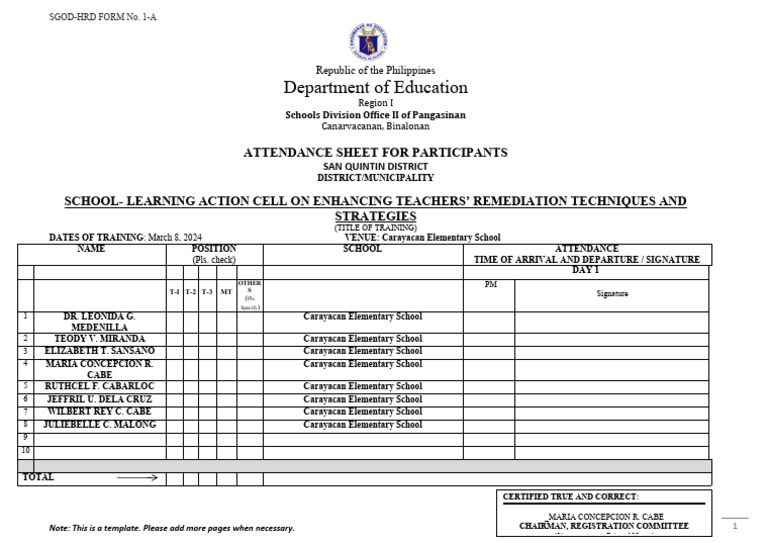 1 - 2020 Deped Pang 2 HRD Form-No 1-A Training Attendance Form For ...