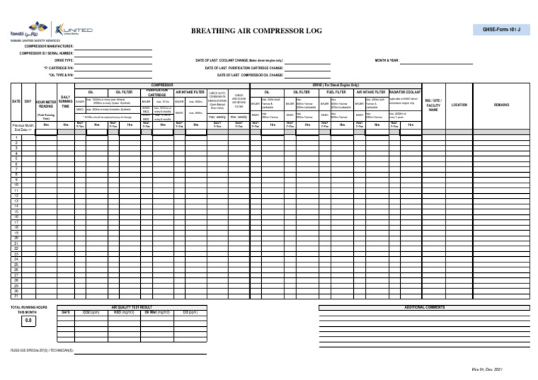 QHSE-Form-101 J-Breathing Air Compressor Log - Dec-21 | PDF | Diesel ...