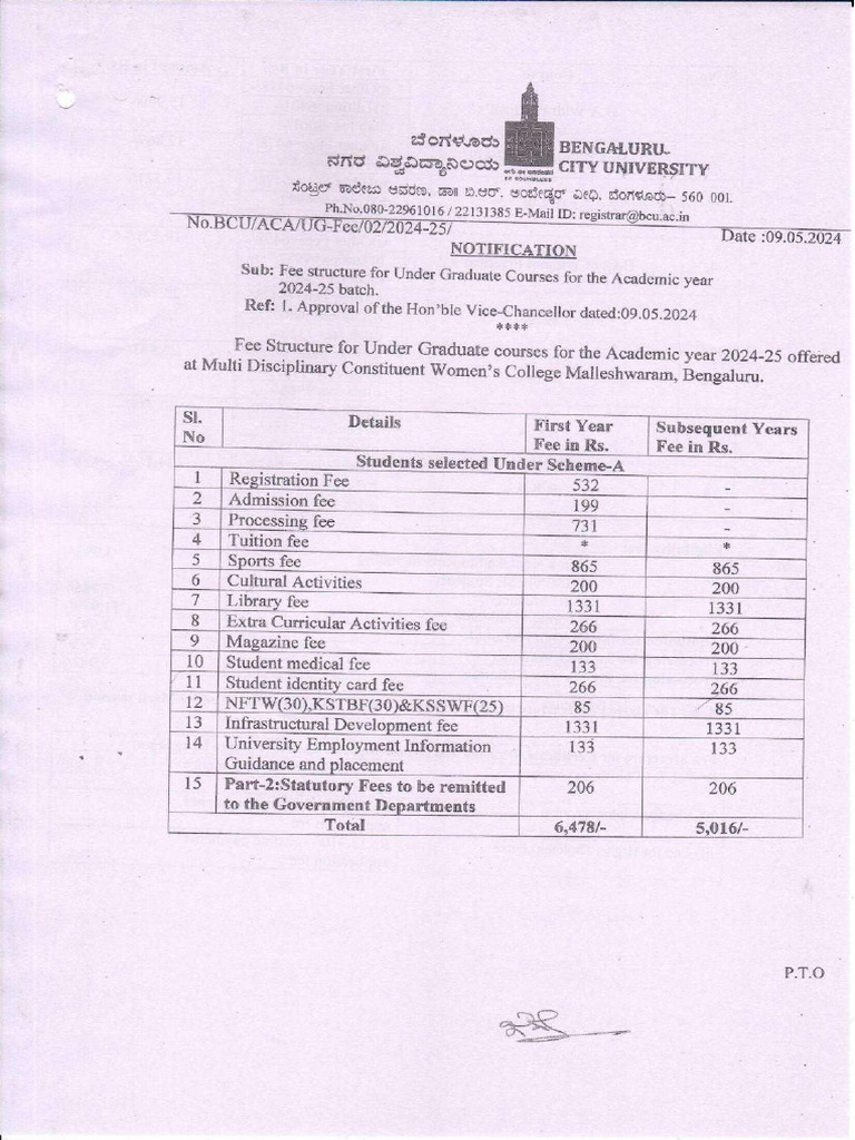 Fee Structure For Under Graduate Courses For The Academic Year 2024-25 Batch | PDF