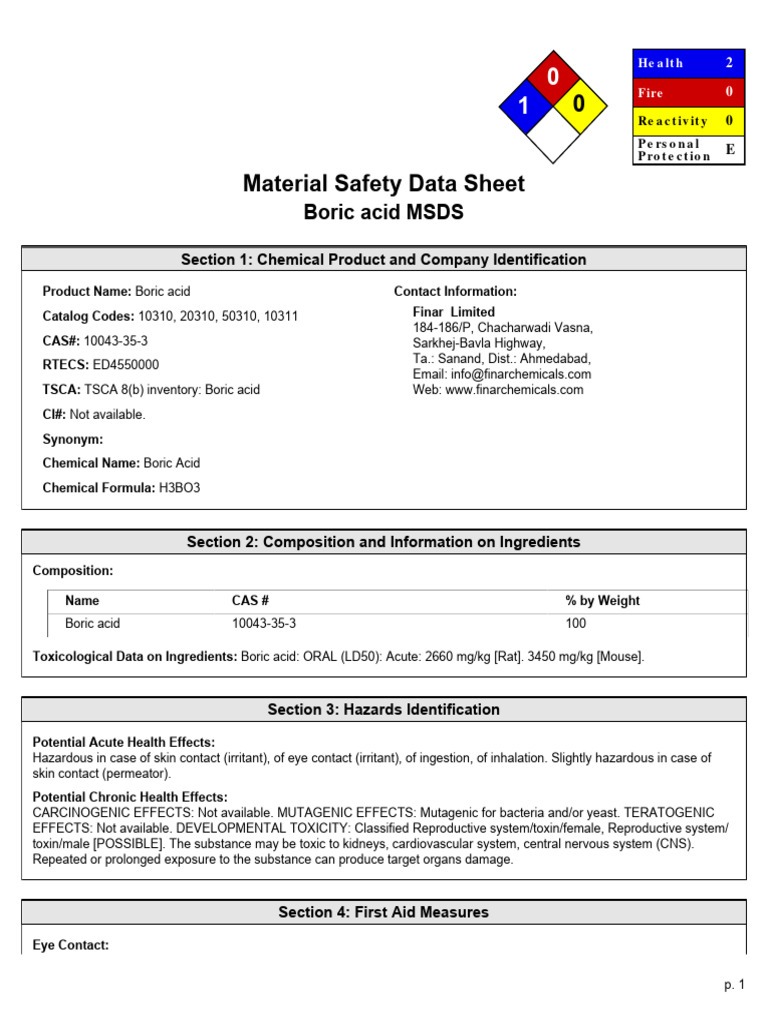 Boric Acid MSDS | PDF | Personal Protective Equipment | Toxicity