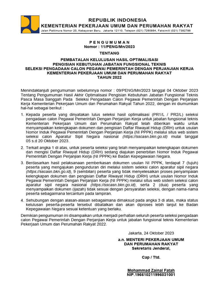 Pembatalan Kelulusan CPNS KemenPUPR 2022 | PDF