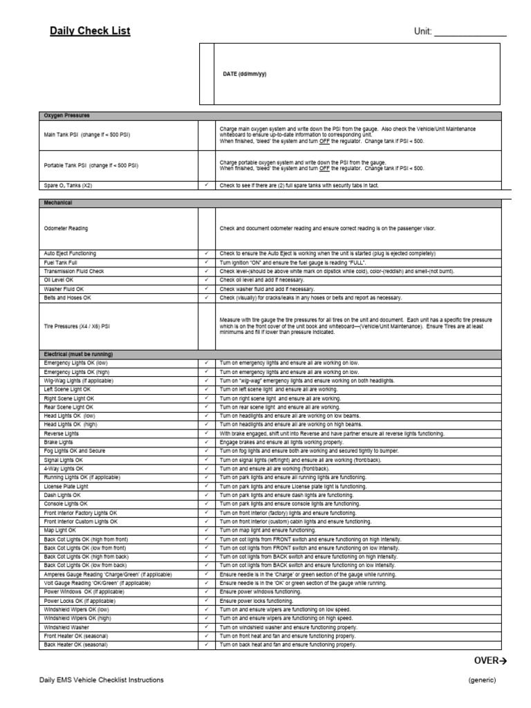 Daily EMS Vehicle Maintenance Checklist | PDF | Tanks | Military Vehicles