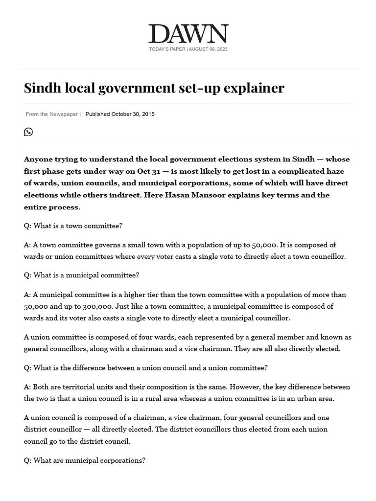 Sindh Local Government Set-Up Explainer - Pakistan | PDF | Government