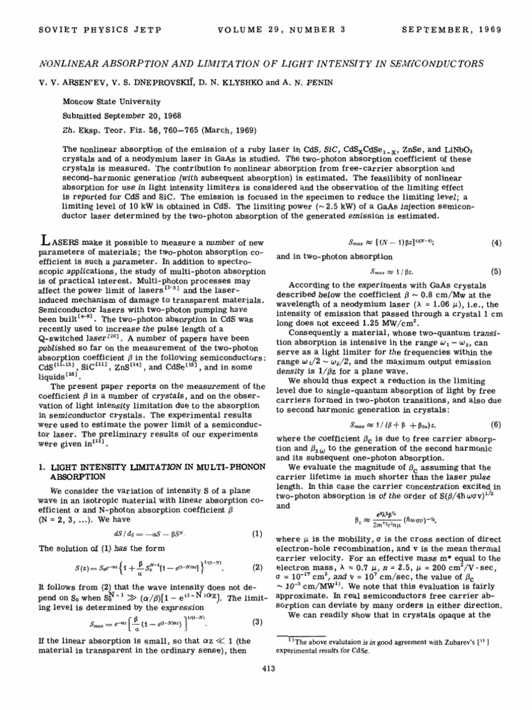 Nonlinear Absorption and Limitation of Light Intensity in Semiconductors | PDF | Laser ...