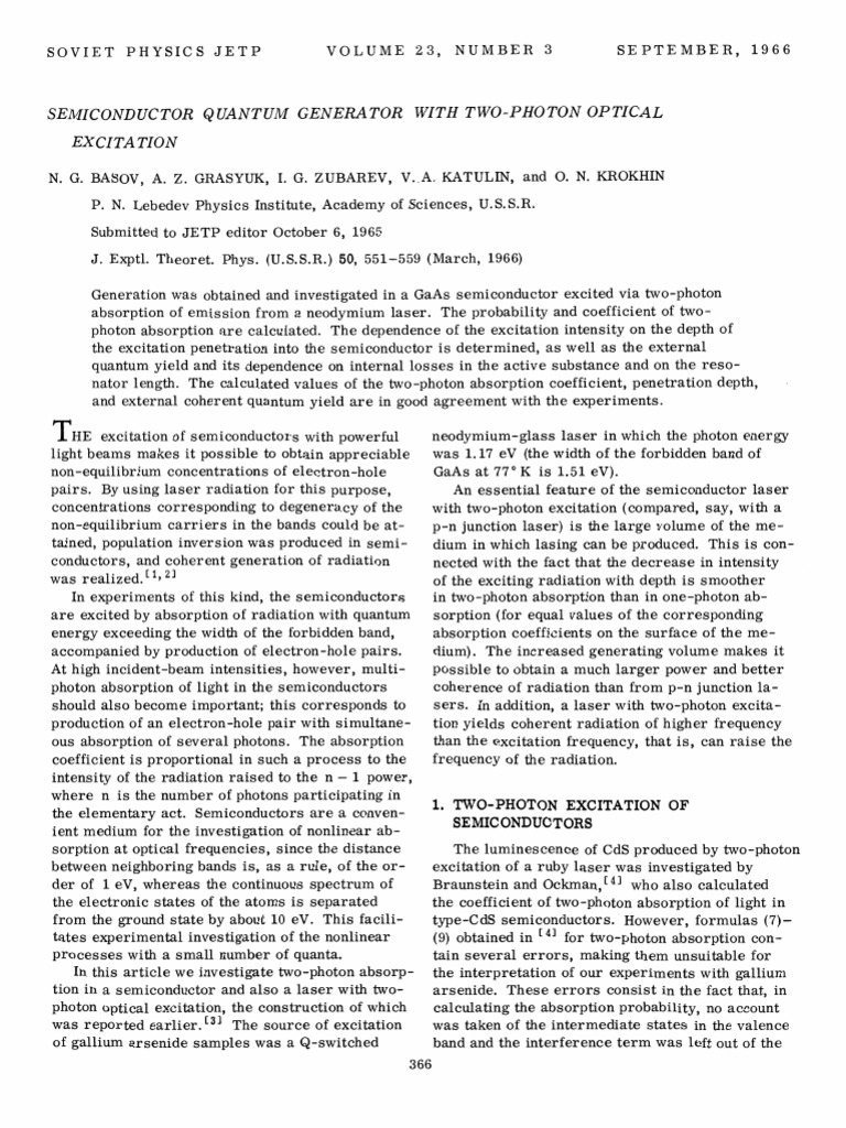 Semiconductor quantum generator with two-photon optical excitation | PDF | Laser | Photon