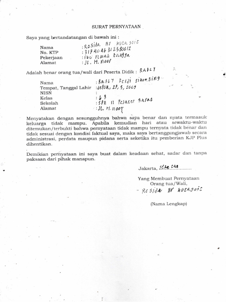 Surat Pernyataan KJP-Rafly Kelas 6 | PDF