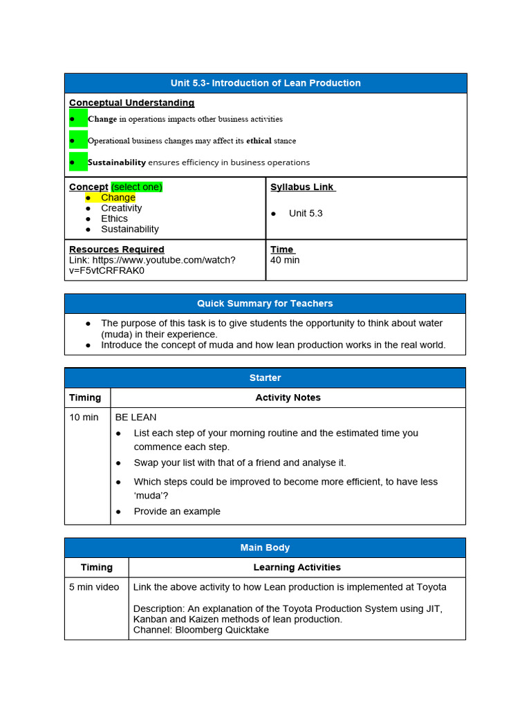 3 Lean Production Lesson Plan - Blank | PDF | Lean Manufacturing ...