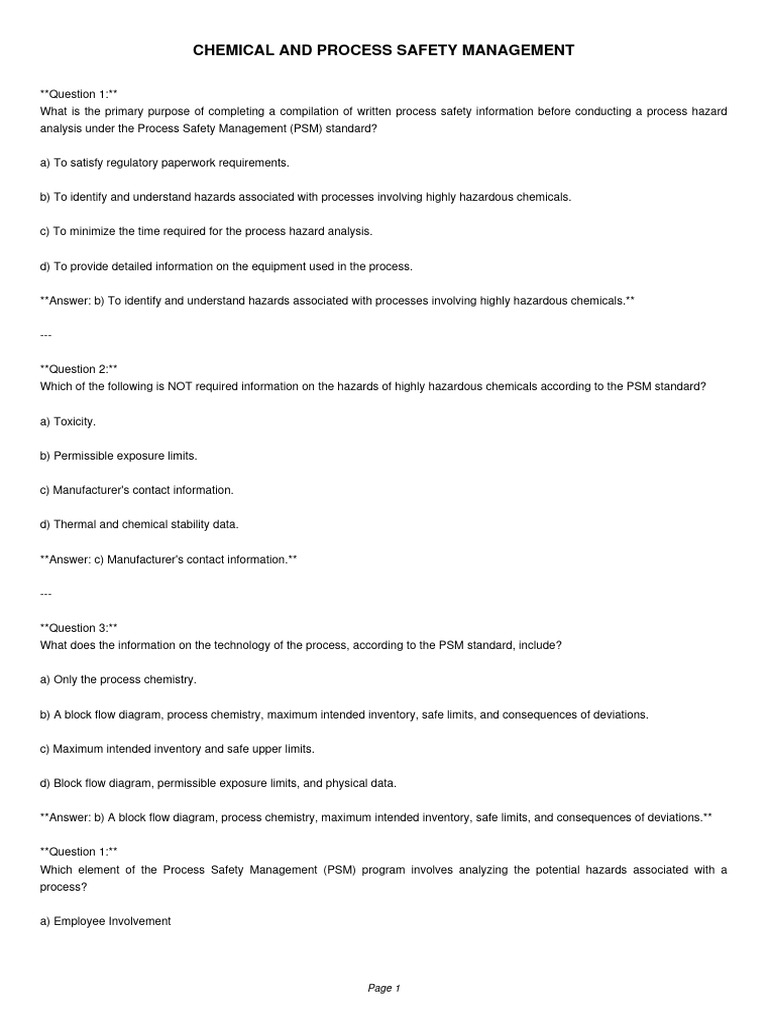 Chemical and Process Safety Management (MCQ) | PDF | Safety | Process Engineering