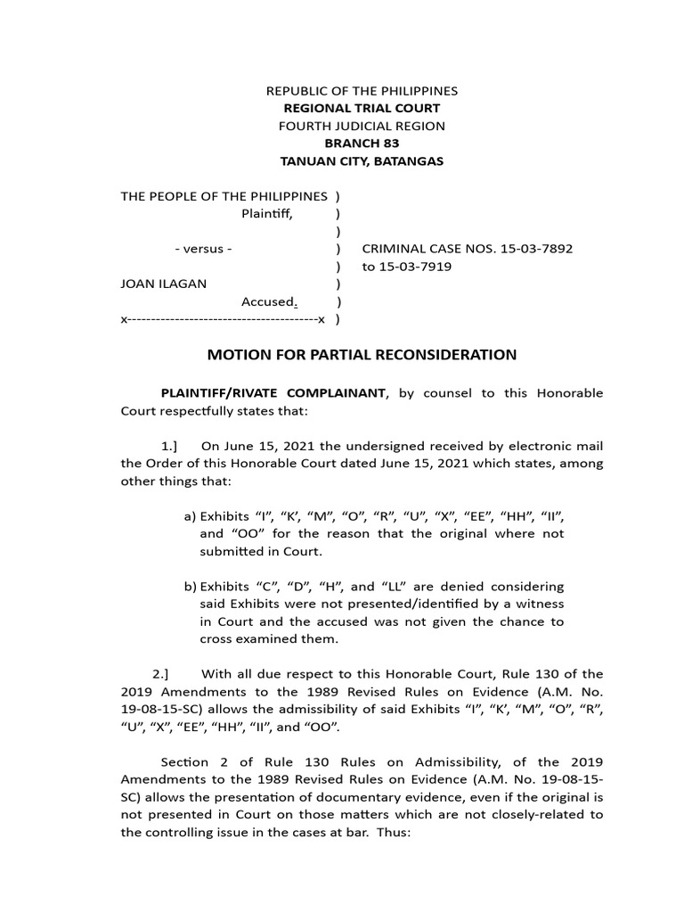 Motion For Partial Reconsideration | PDF | Evidence | Legal Procedure