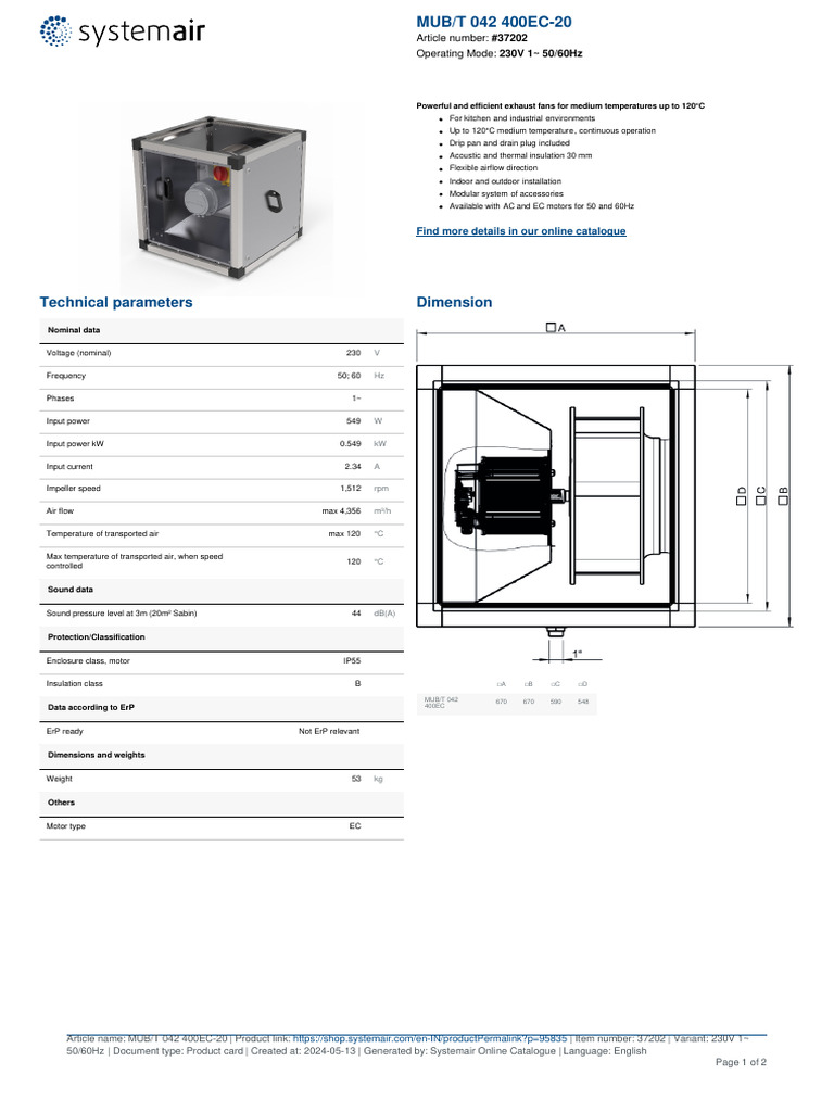 Systemair MUB_T 042 400EC-20 | PDF | Alternating Current | Building Insulation