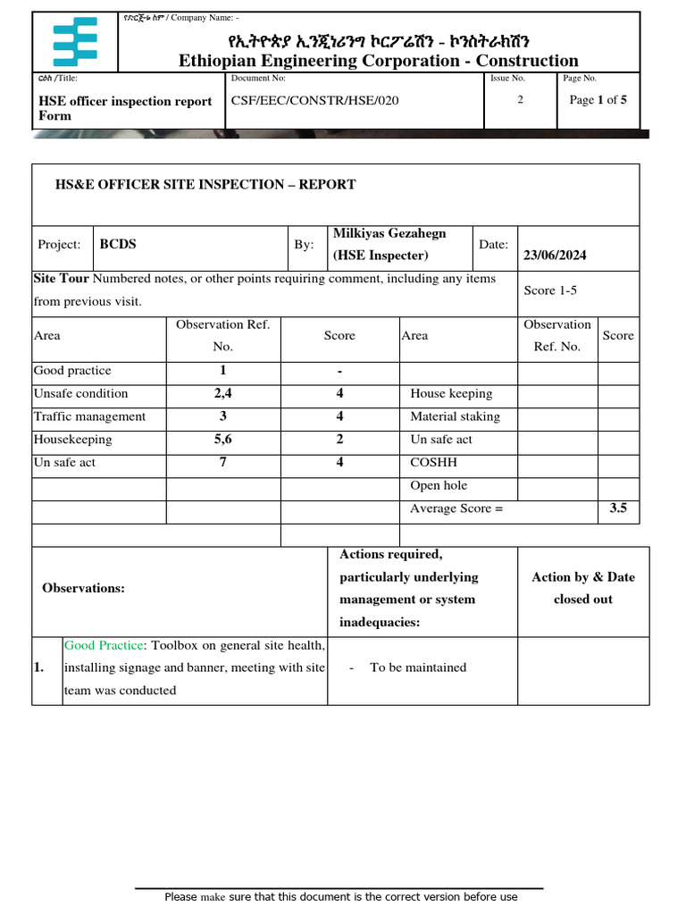HSE Officer Inspection Report Summary | PDF | Occupational Safety And ...