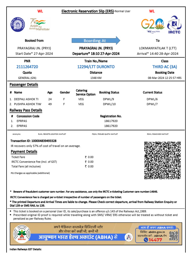 12294/LTT DURONTO Third Ac (3A) : WL WL | PDF | Identity Document ...