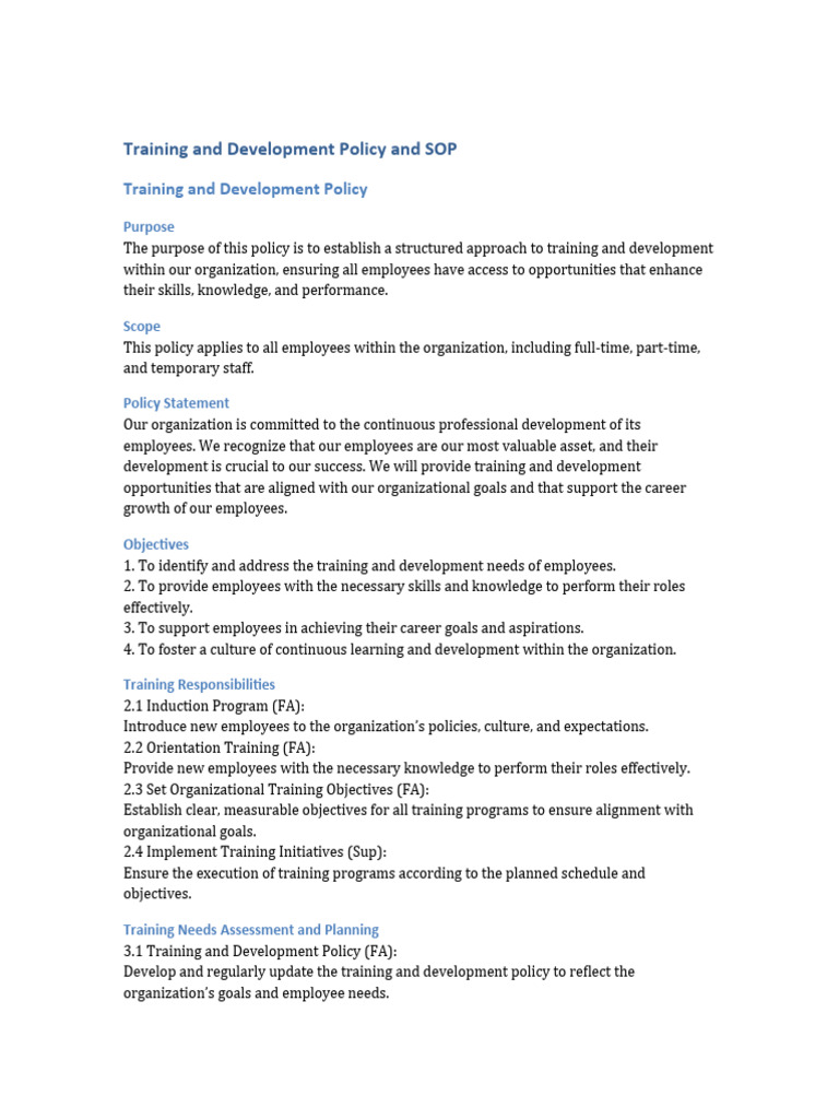 Training and Development Policy and SOP | PDF | Needs Assessment | Goal