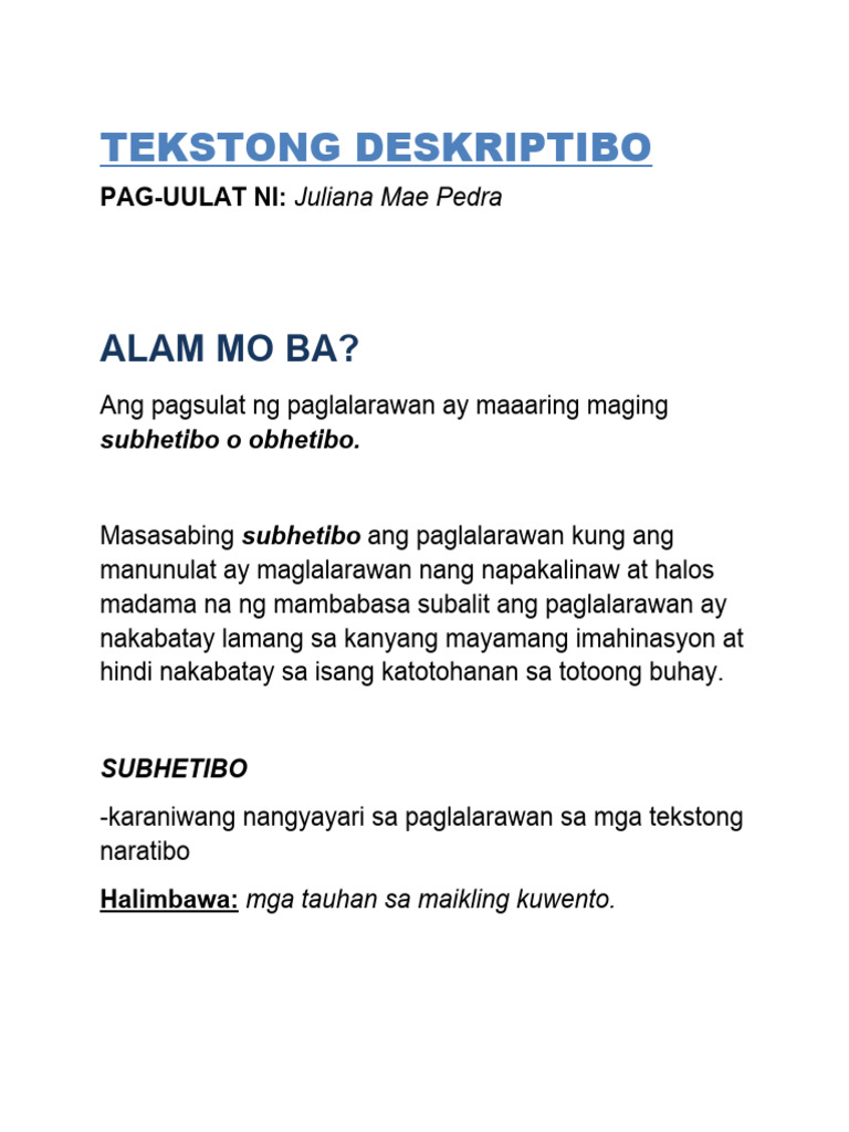 1 Tekstong Deskriptibo | PDF