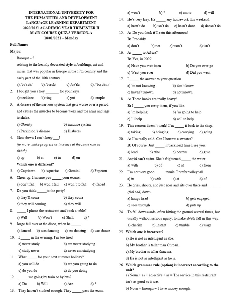 2 Tr Ii Quiz 3 Afternoon Shift 212 Pdf Noun Adjective