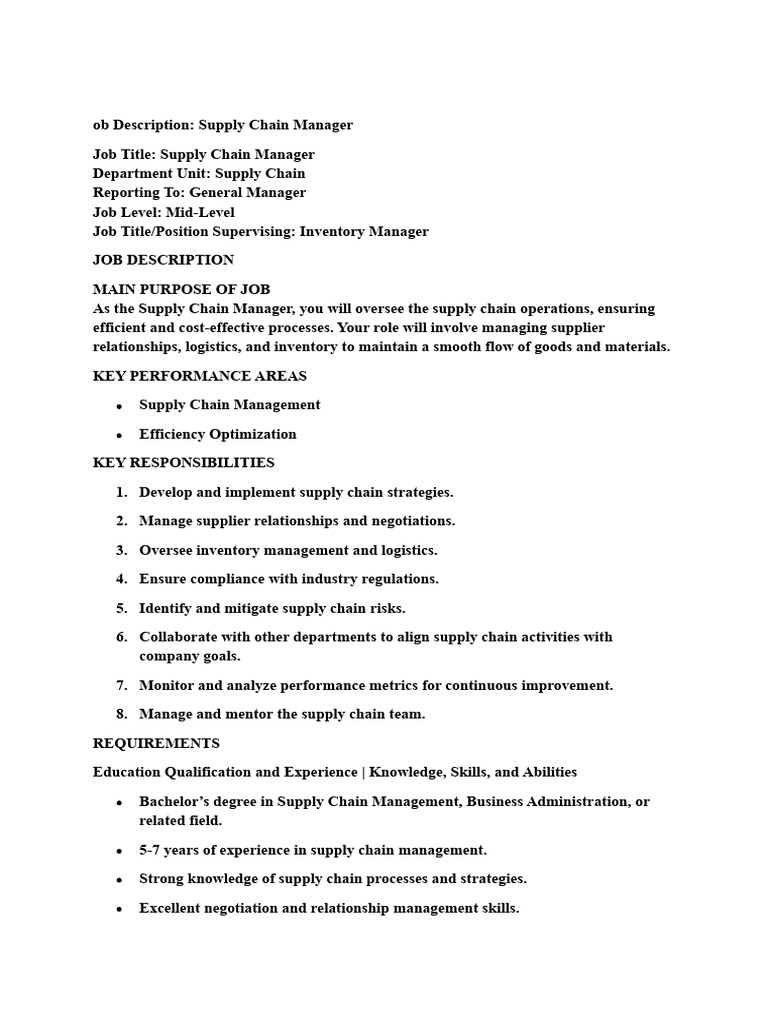 Supply Chain Manager Job Overview | PDF | Supply Chain | Supply Chain ...