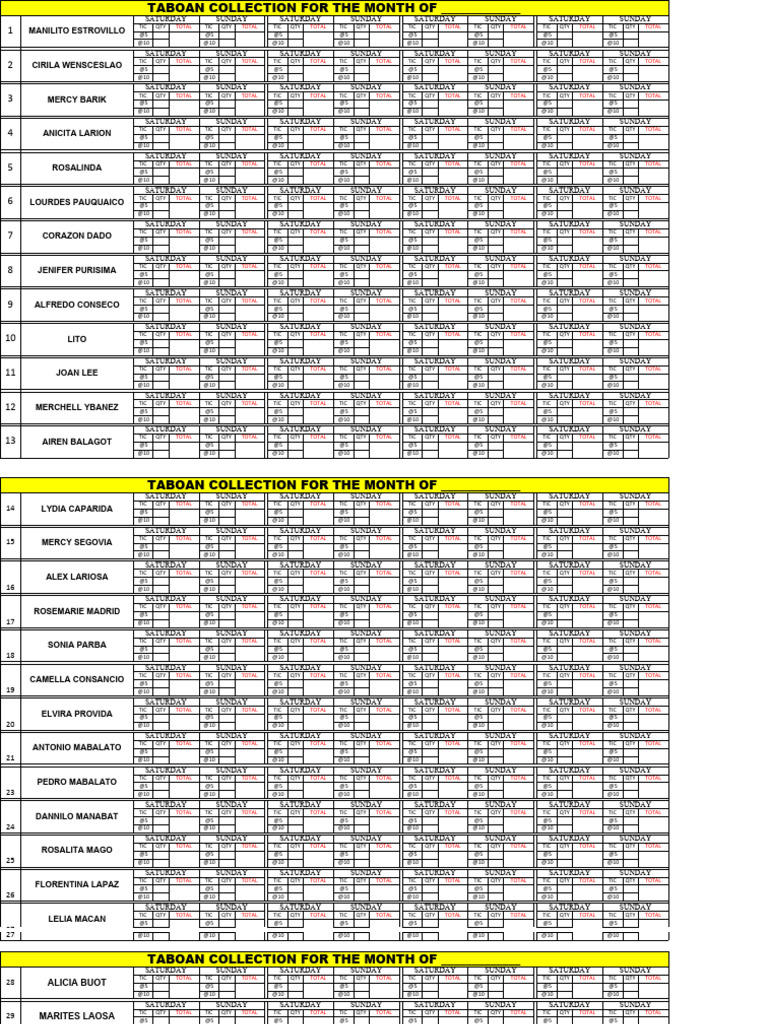 Taboan Collection Sheet | PDF