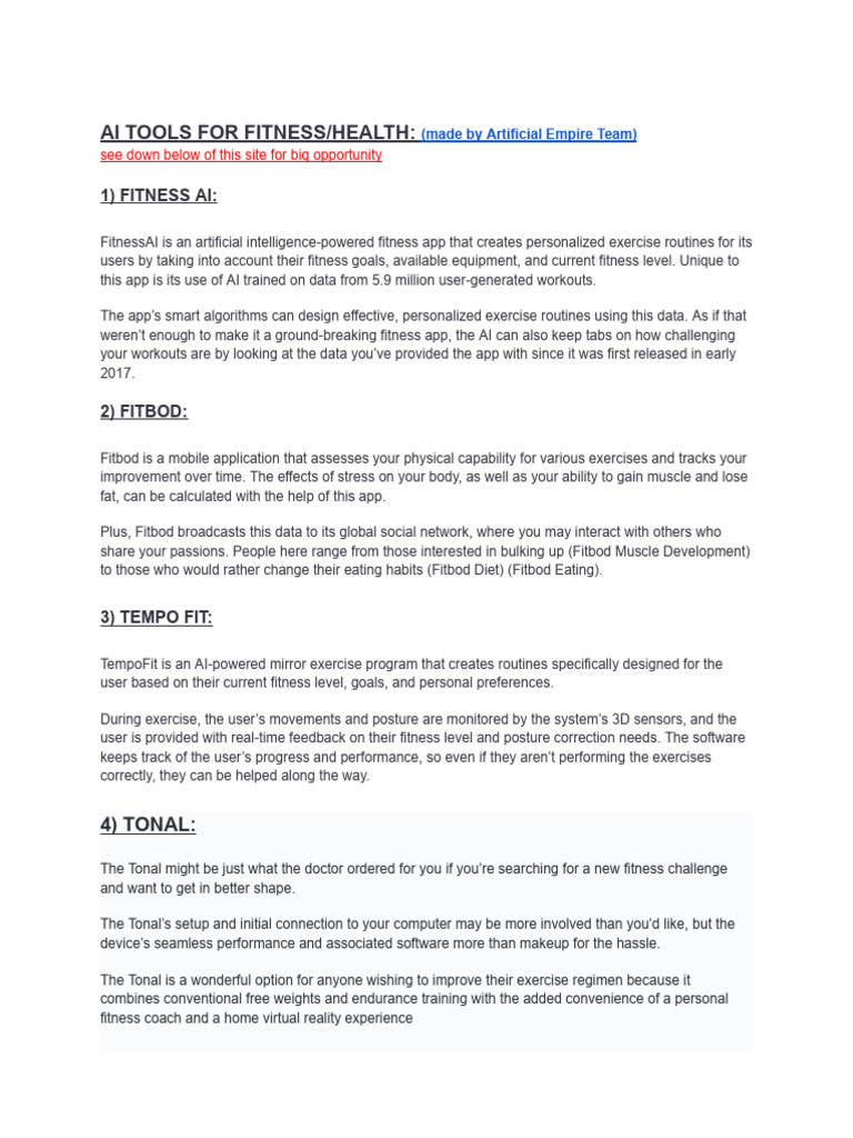 Ai Tools For Fitness - Health (Made by Artificial Empire Team) | PDF | Artificial Intelligence ...