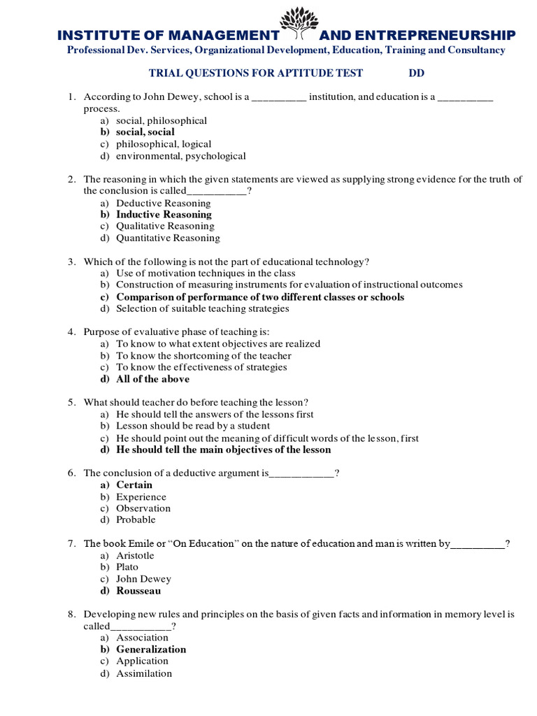 Aptitude Test Trial Questions | PDF | Teachers | Learning