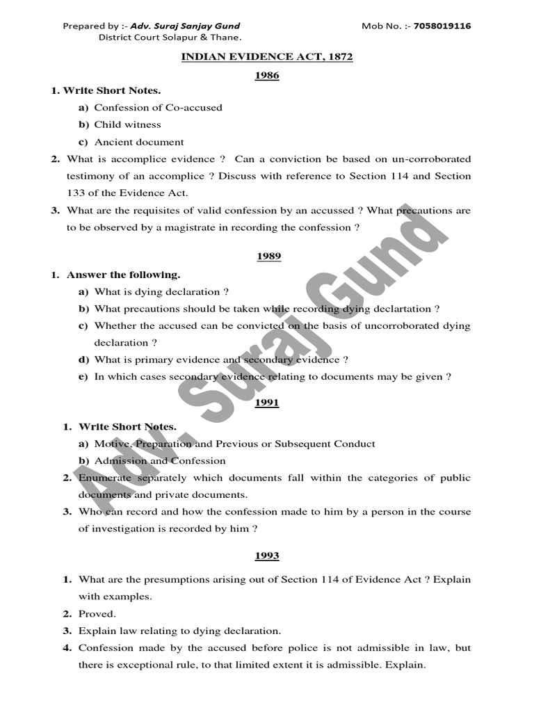 Evidence-Mains Questions PDF | PDF | Evidence (Law) | Witness